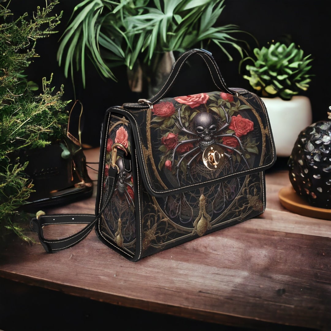 Gothic Spider Canvas Satchel, Cottage Goth Dark Roses Spider Purse ...
