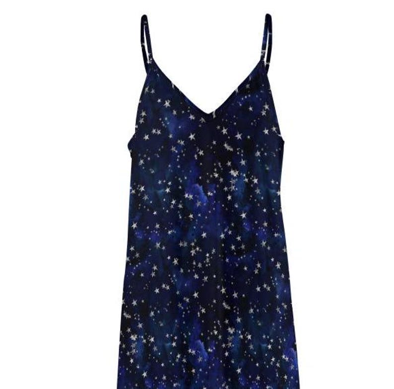 Deep Blue & Silver Stars Sling Ankle Long Dress, Celestial Blue Maxi ...