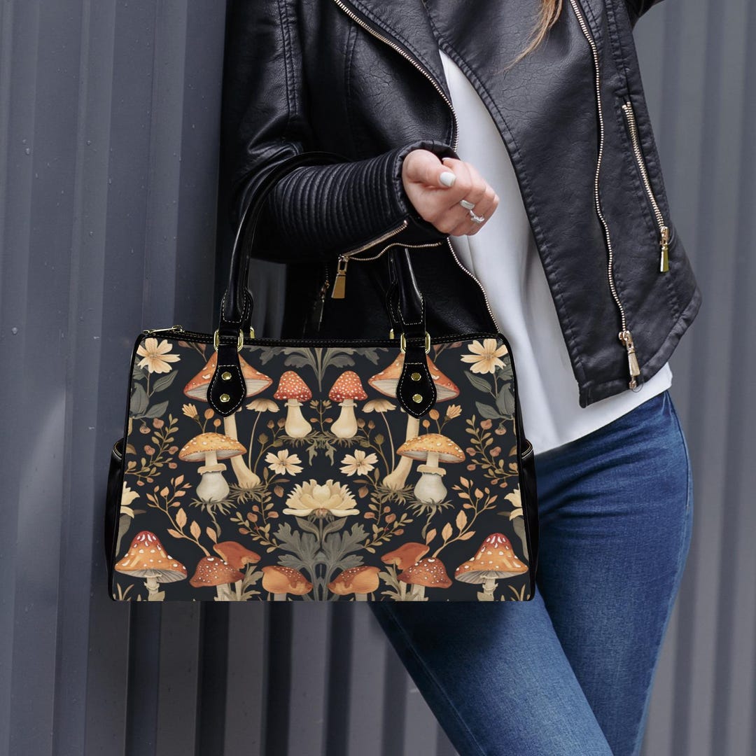Boho Forest Mushrooms and Floral Vegan Leather City Handbag, Dark ...