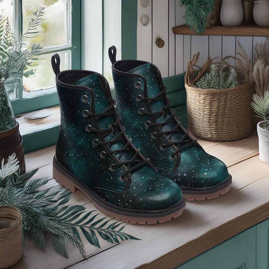 Phthalo Dark Emerald Green & Silver Stars Vegan Combat Boot, Celestial ...