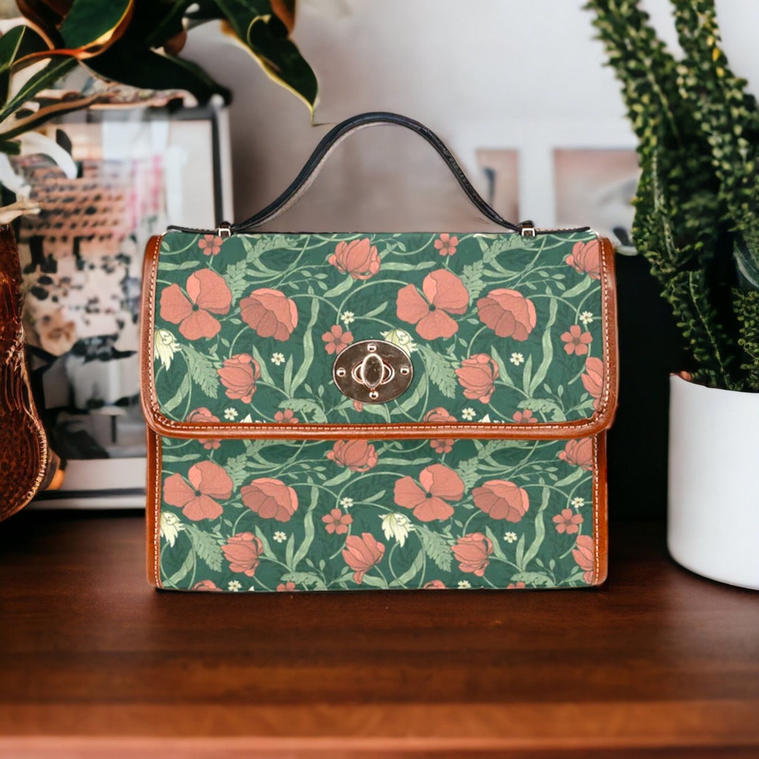 Boho Cottagecore Satchel, Art Nouveau Dark Red Floral Purse, Boho ...