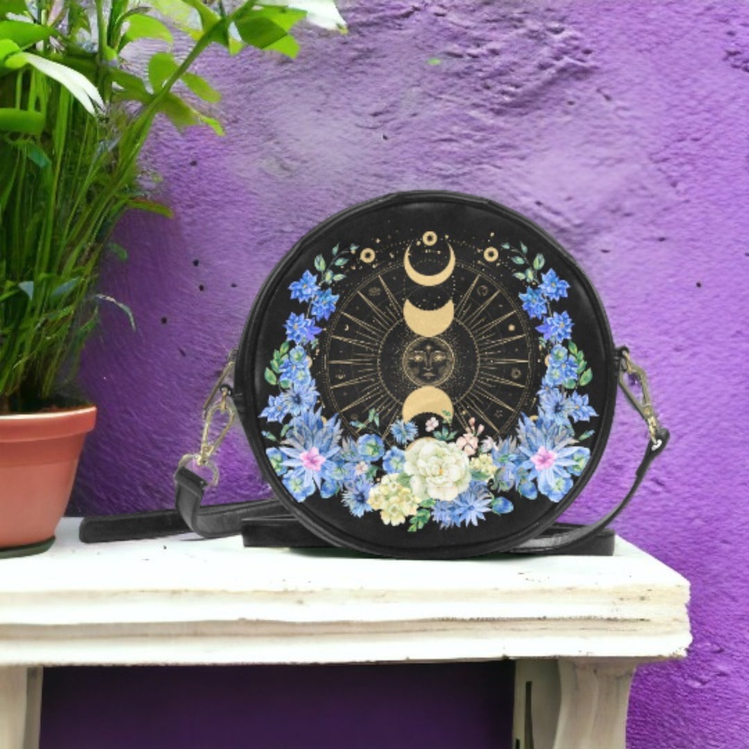 Blue Flowers Moons Vegan Leather Cross-body Bag, Cottagecore Purse ...