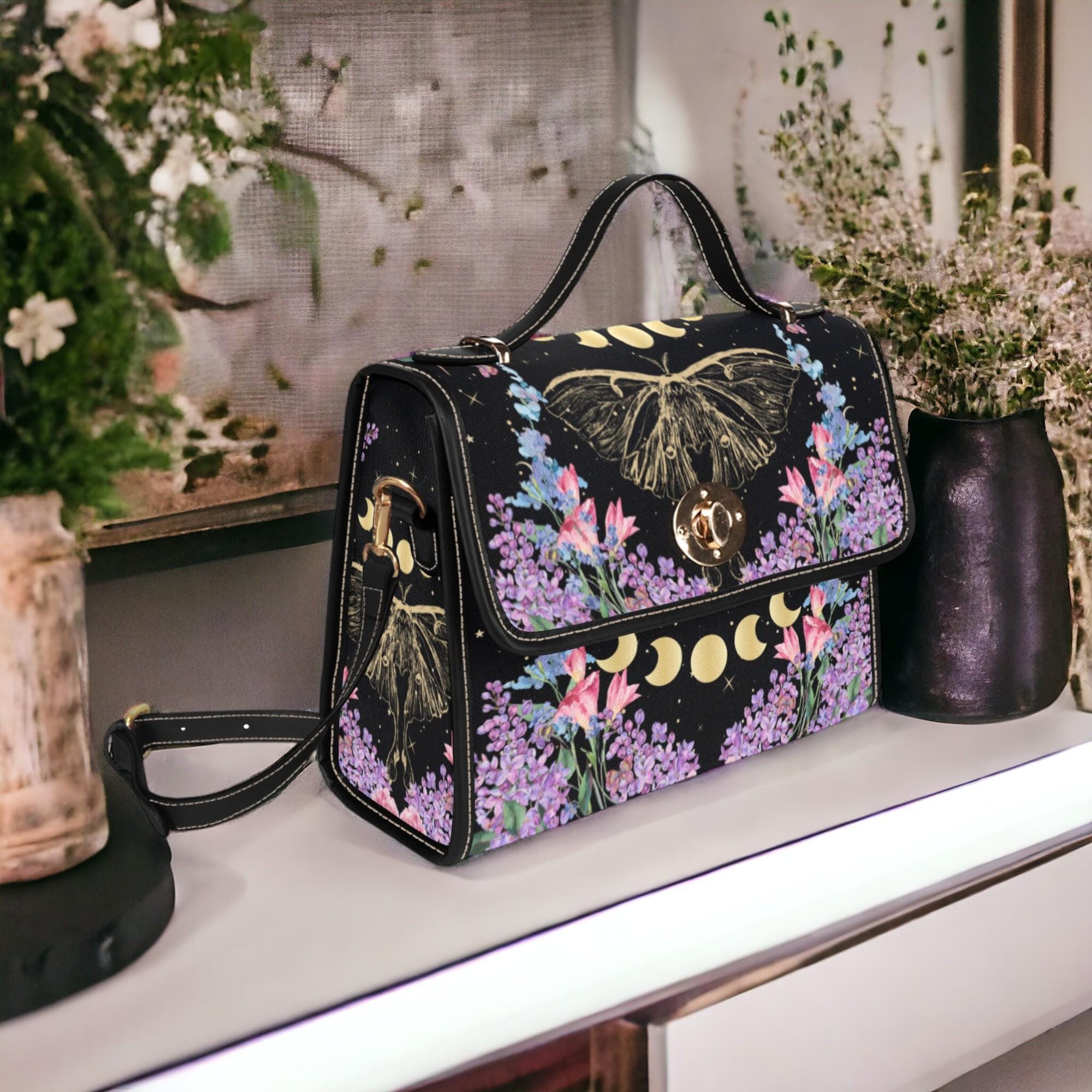 Witch Satchel Bag, Celestial Gold Luna Moth & Lilacs Cross Body Bag ...