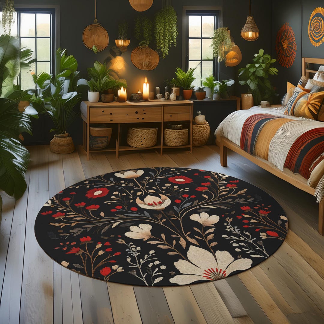 Round Boho Floral Area Rug, Black Chenille Rug, Vintage Folk Art ...