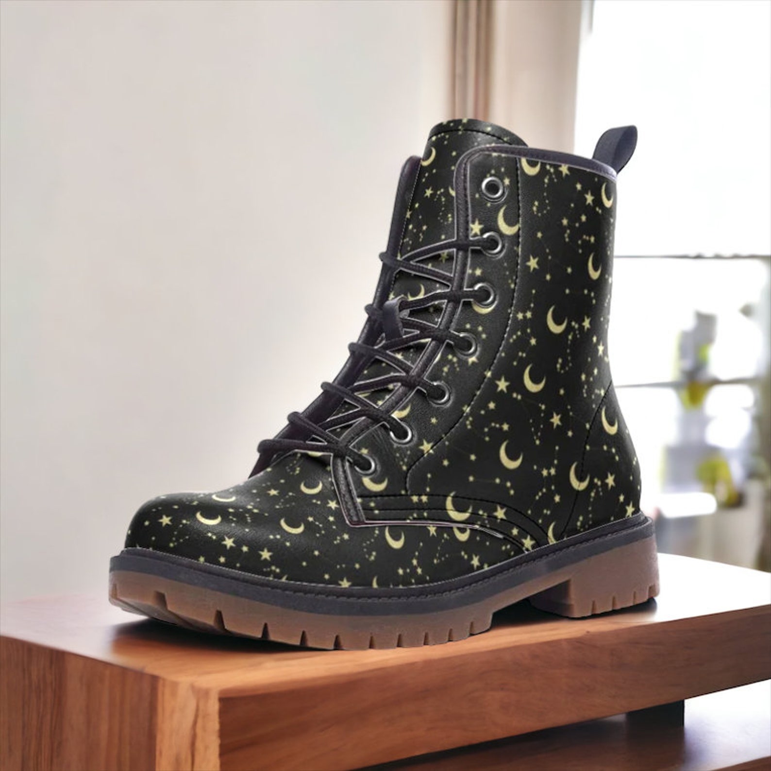 Moons & Stars Vegan Combat Boots, Celestial Boots, Mystical Combat ...
