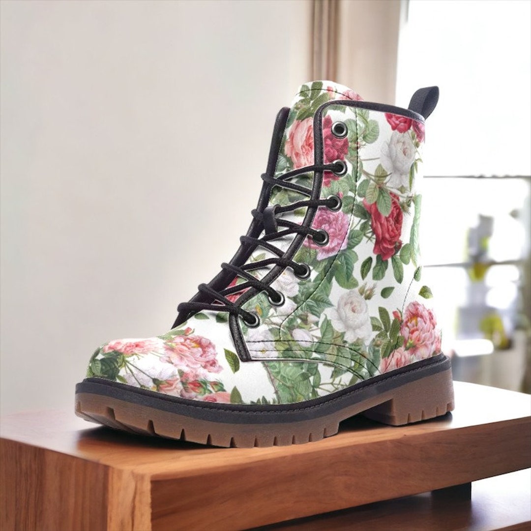 Vintage Pink Roses Floral Vegan Combat Boots, Vintage Rose Motif Boots ...