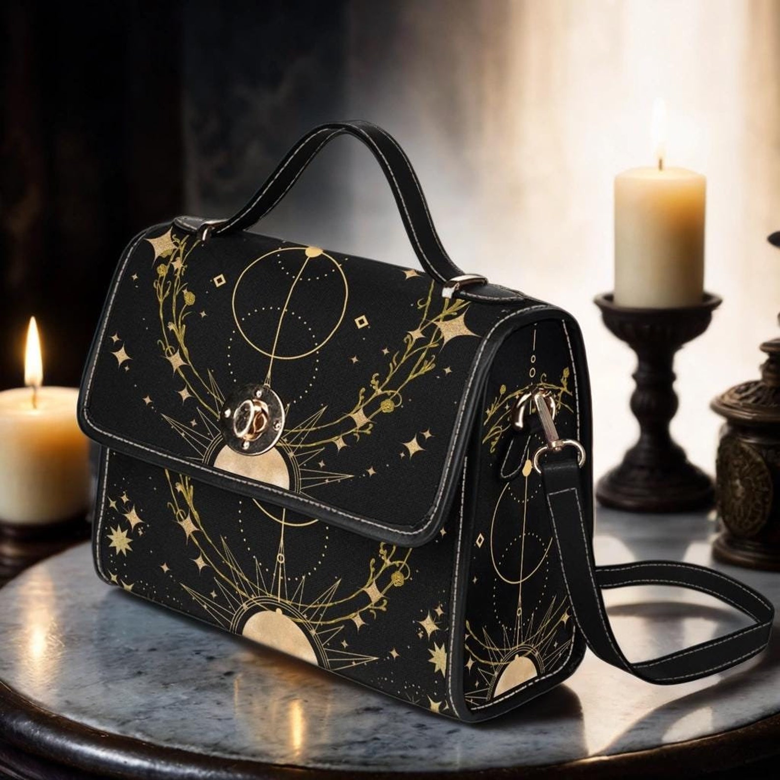 Dark Boho Celestial Canvas Satchel Bag, Celestial Garden Witchy Handbag ...