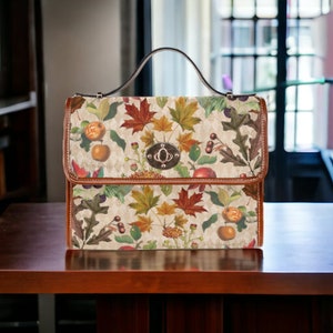 Autumn Cottagecore Boho Canvas Satchel Bag, Vintage Fall Leaves and ...