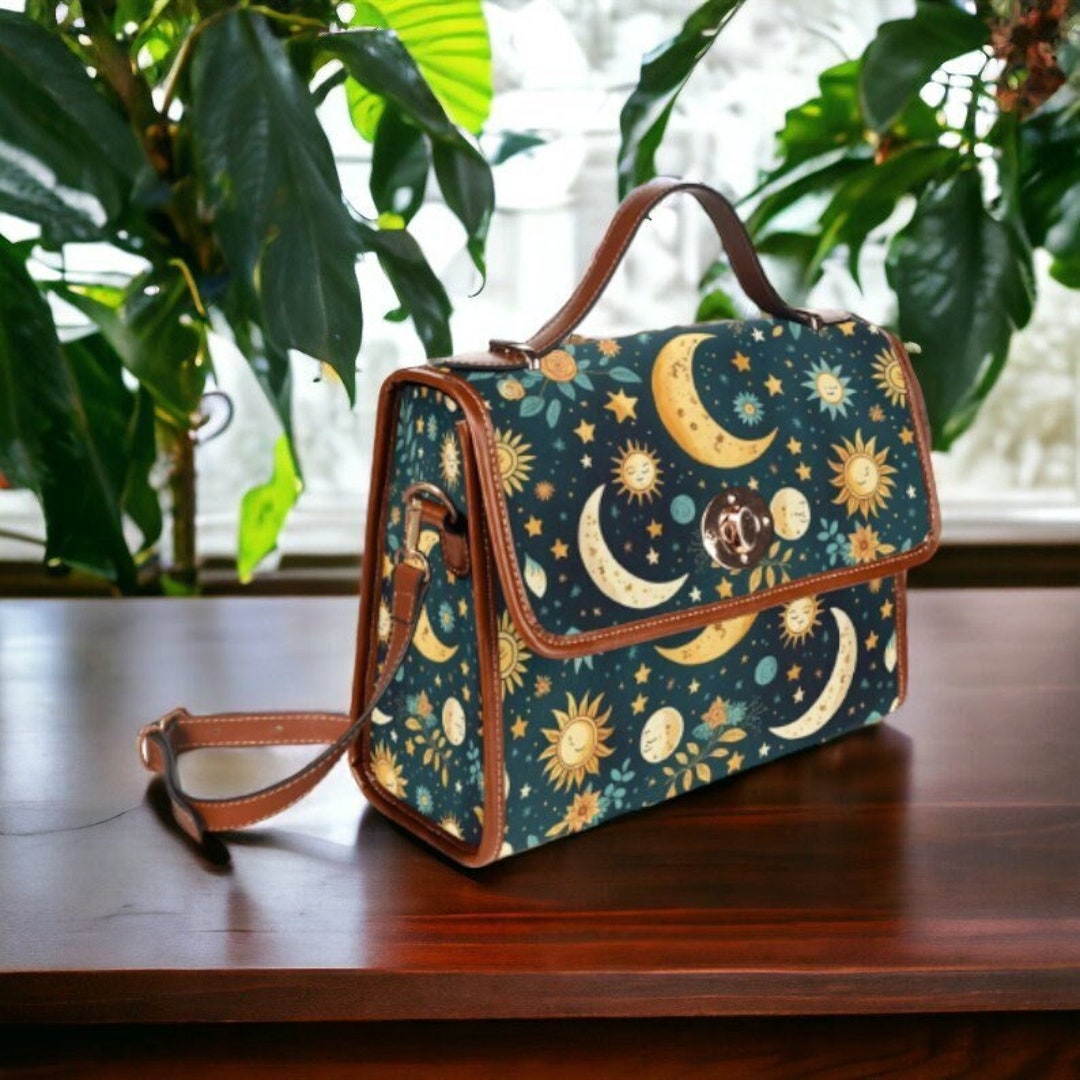 Boho Celestial Canvas Satchel Bag, Boho Watercolor Moons Stars Purse ...