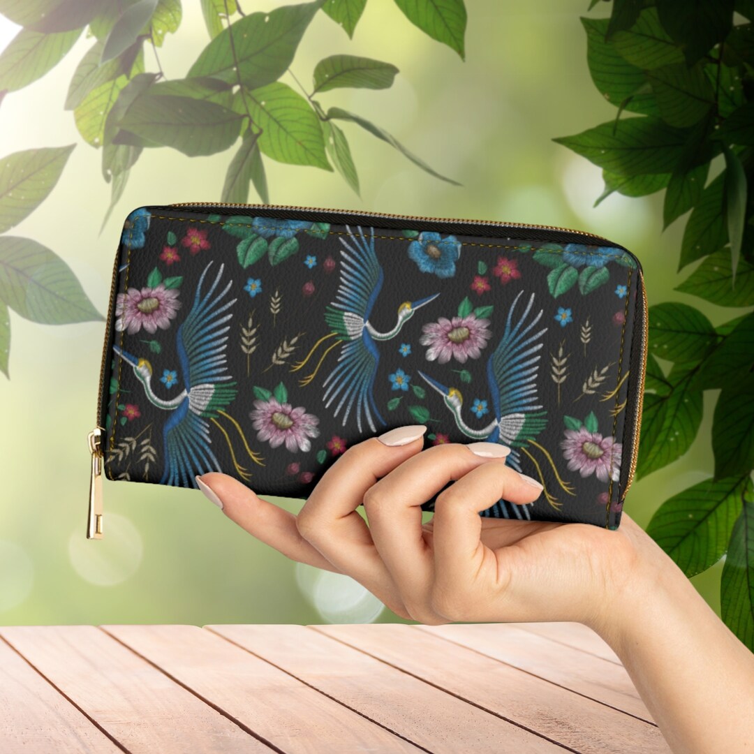 Cranes and Flowers Vegan Leather Wallet: Asian Folk Art Clutch - Etsy
