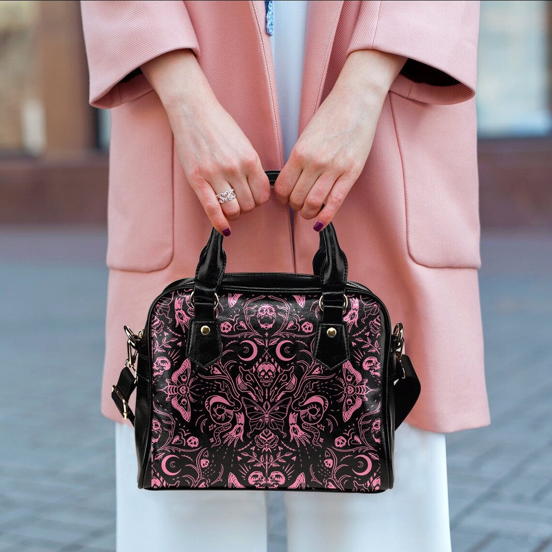 Gothic Handbag, Pastel Witch Skulls Moths Purse, Vegan Leather Witchy ...