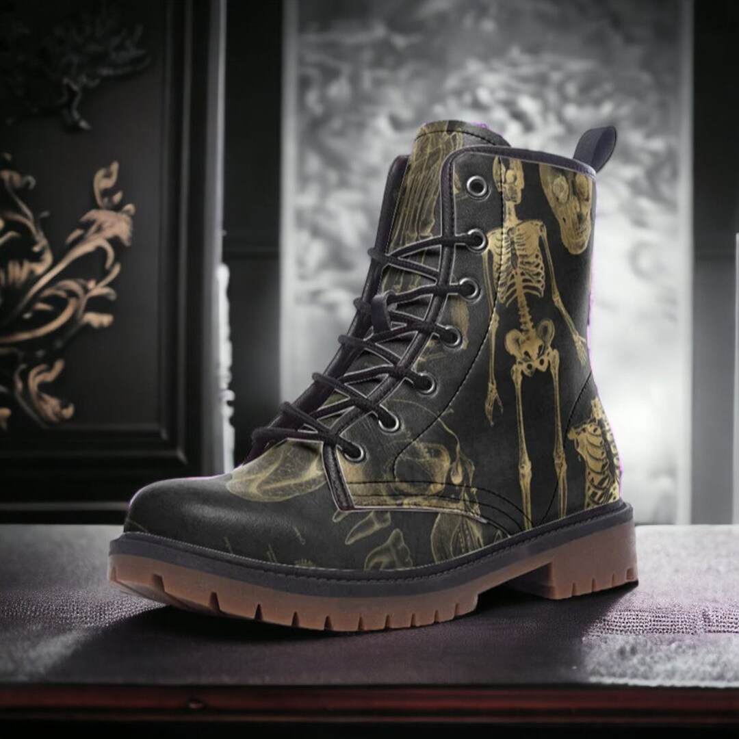 Vintage Anatomy Vegan Leather Combat Boots, Human Anatomy Motif Boots ...