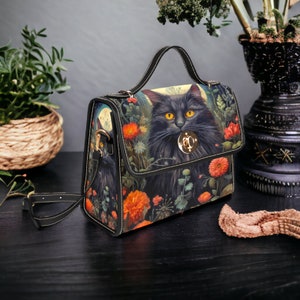 Dark Cottage Goth Witchy Cat and Floral Satchel, Dark Cottagecore Black ...