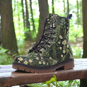 Dark Forest Ferns & Flowers Vegan Boots, Cottagecore Combat Boots, Dark ...