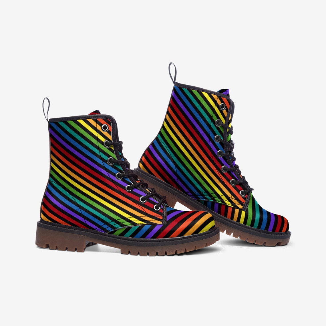 Rainbow Boots, Rainbow Stripes Vegan Leather Combat Boots, Pride Boots ...