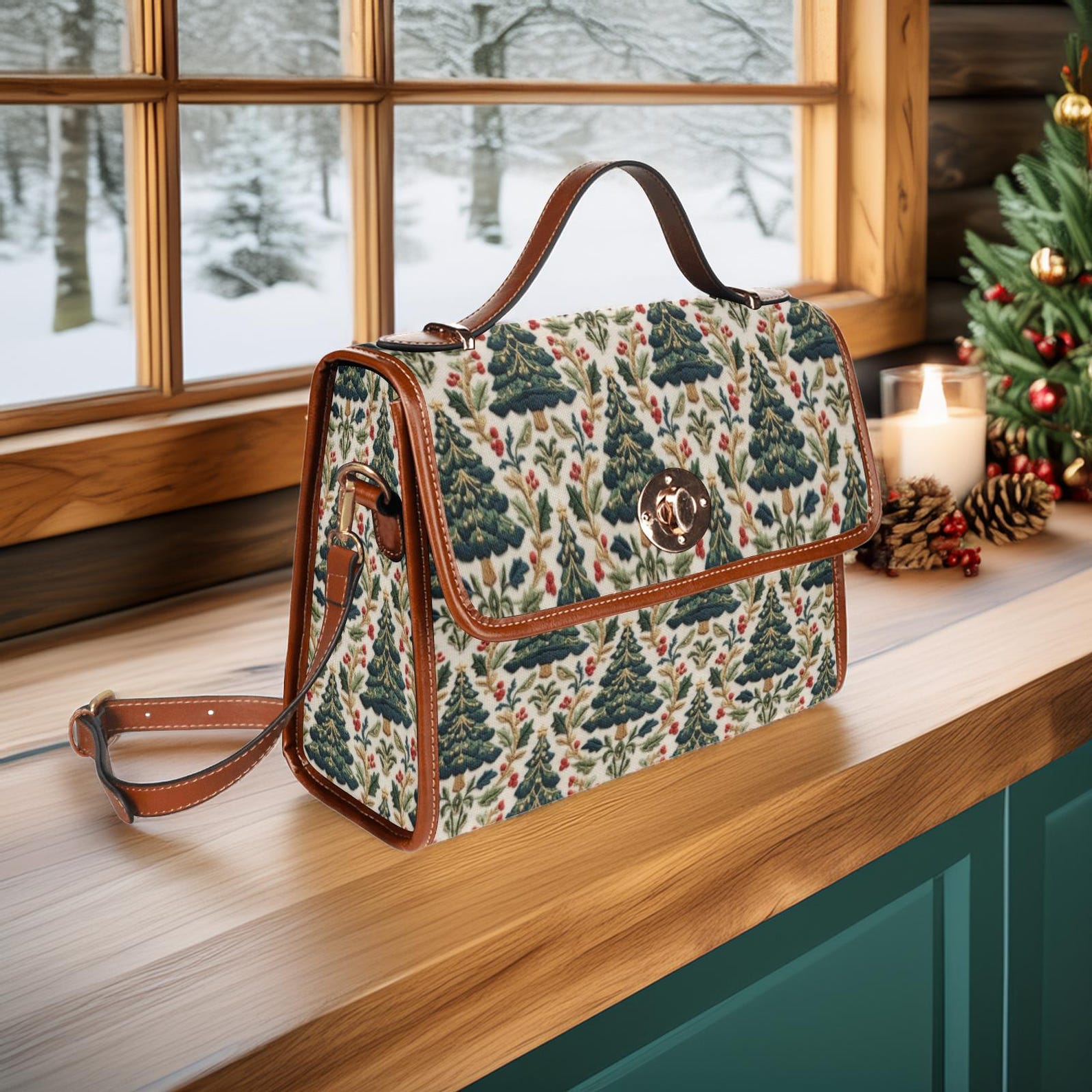 Vintage Christmas Tree Satchel Bag, Holiday Faux-embroidery Forest ...