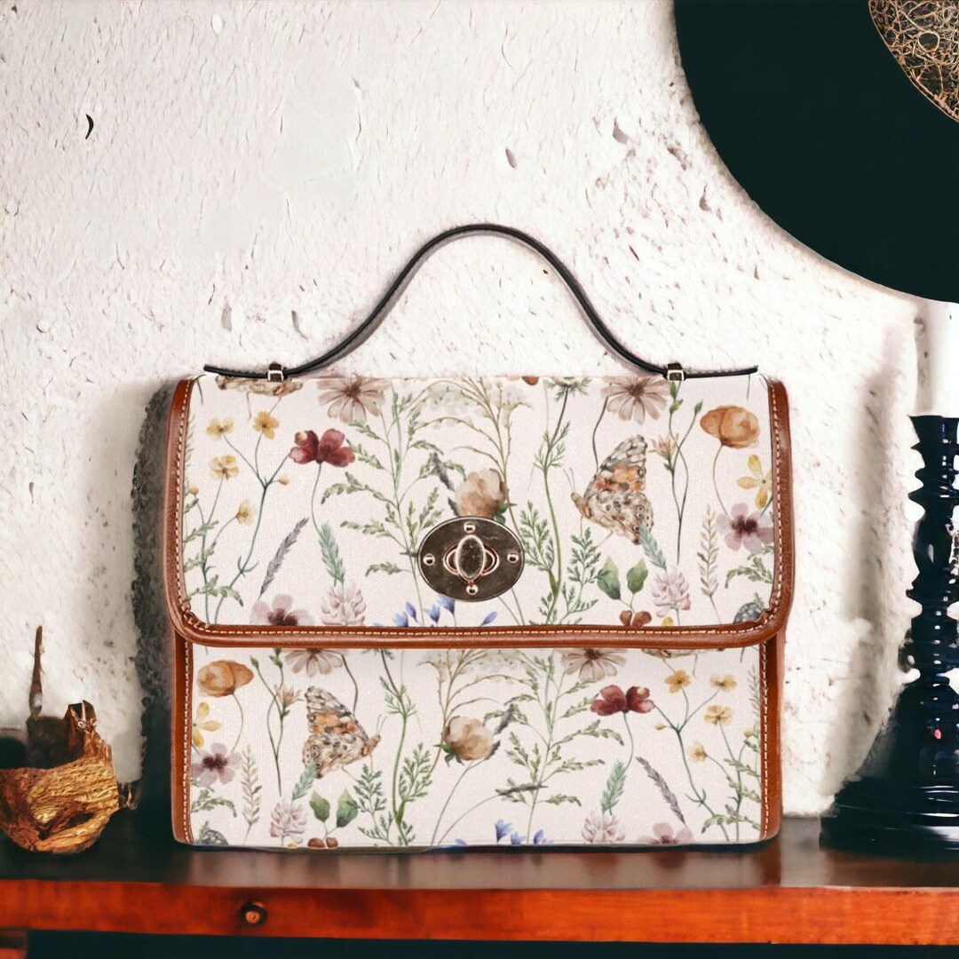 Cottagecore Butterflies Wildflowers Canvas Satchel Bag, Cottage Witch ...