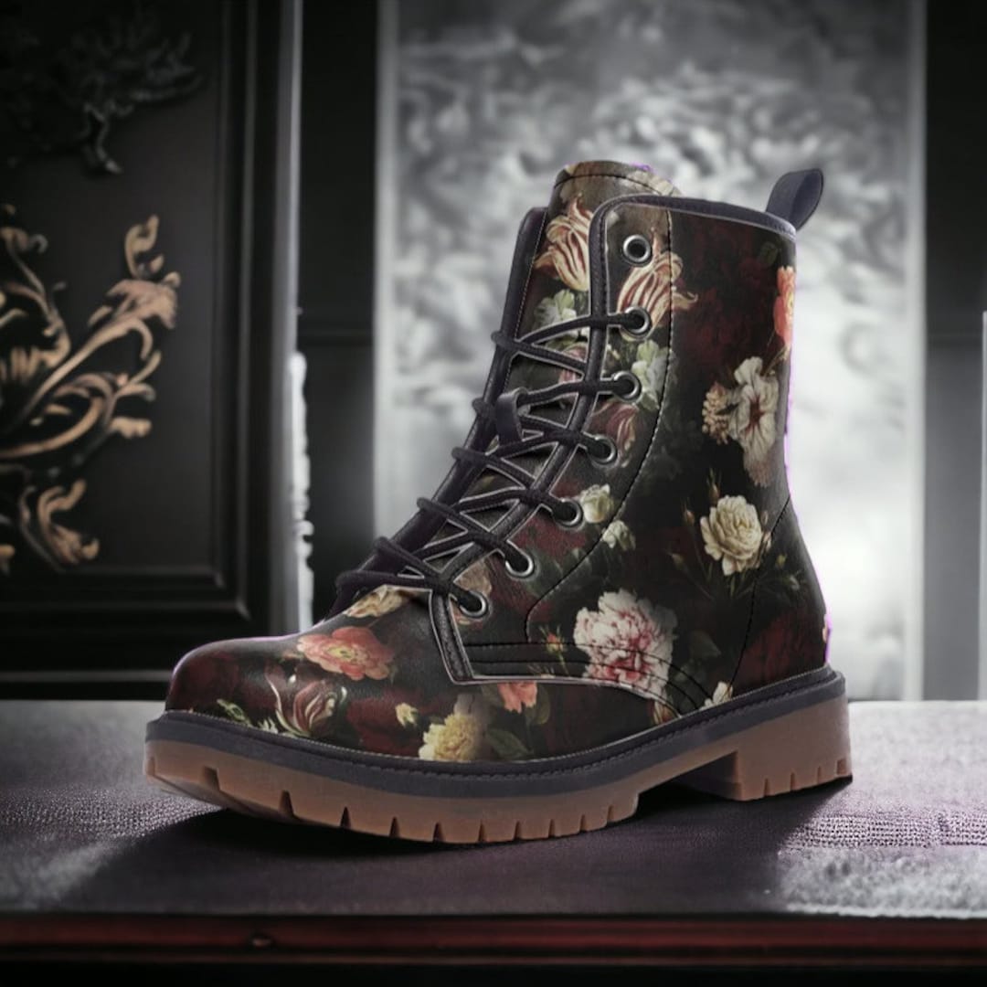 Dark Floral Vegan Leather Combat Boots, Gothic Floral Boots, Whimsigoth ...