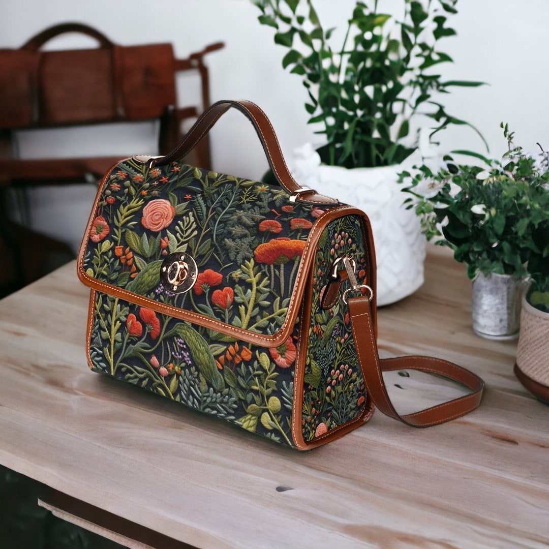 Boho Faux-embroidery Dark Cottagecore Botanical Satchel Bag, Dark ...