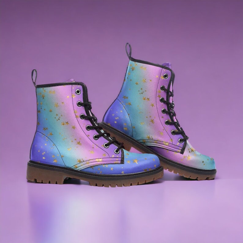 Purple Pink Pastel Stars Boots, Pastel Rainbow Vegan Leather Combat ...