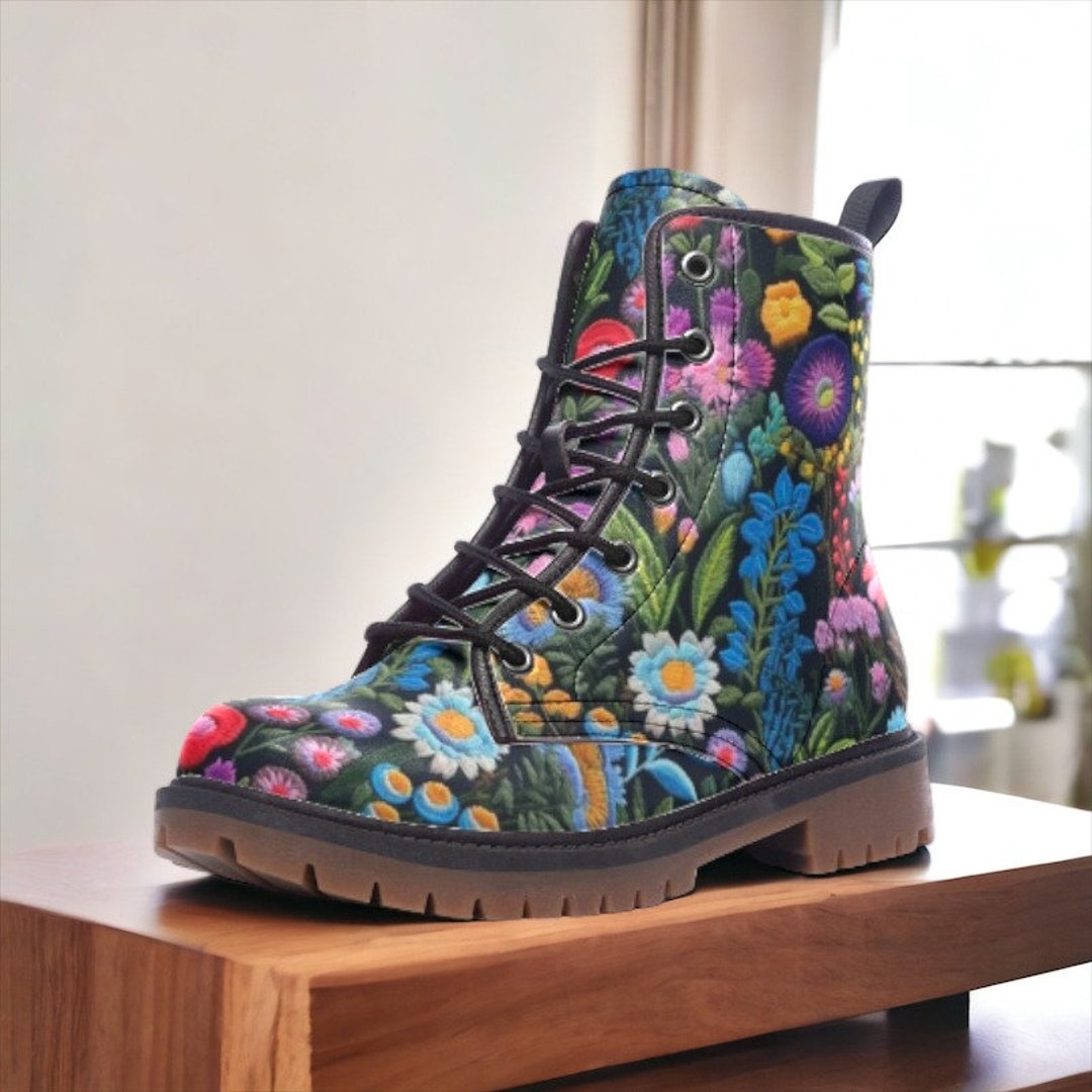 Dark Floral Vegan Boots, Boho Faux-embroidery Floral Boots, Folk Art ...