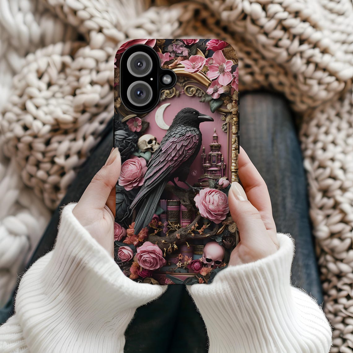 Gothic 3D Effect Raven Floral Phone Case, Moon Pink Roses Skulls ...