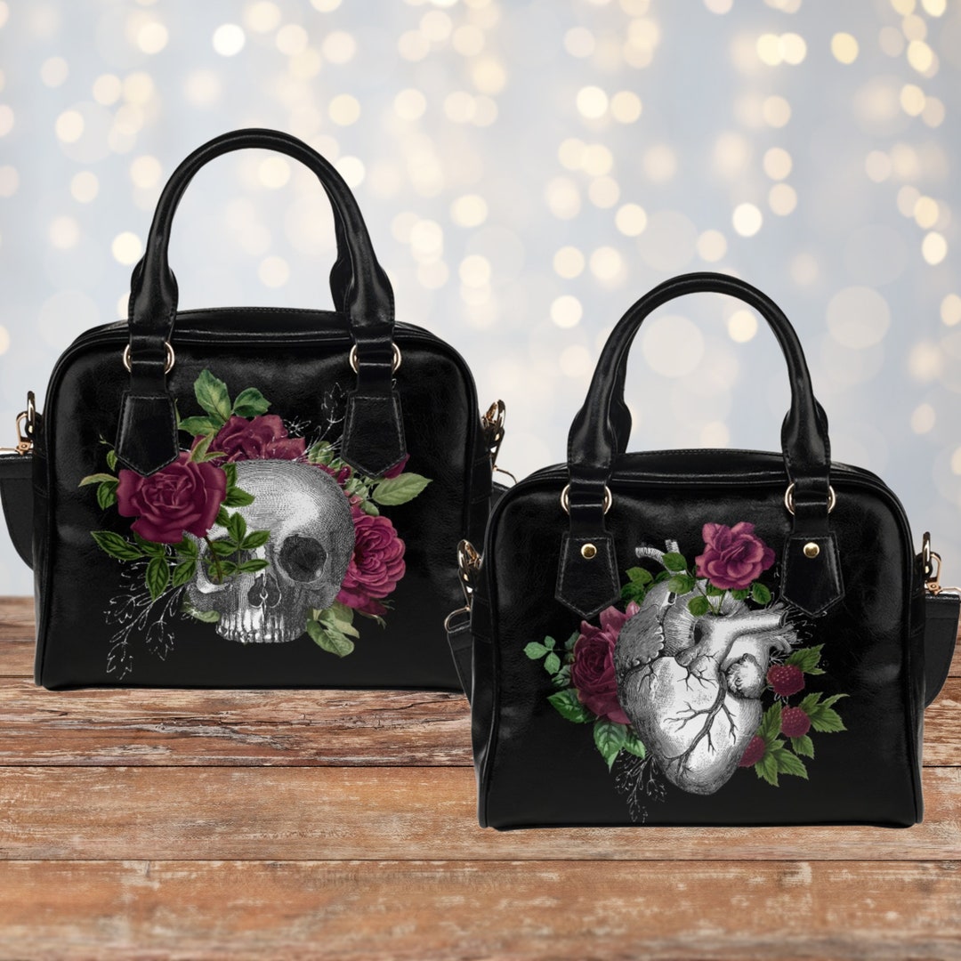 Gothic Skull Dark Heart Roses Handbag, Goth Girl Vegan Leather Bowler ...