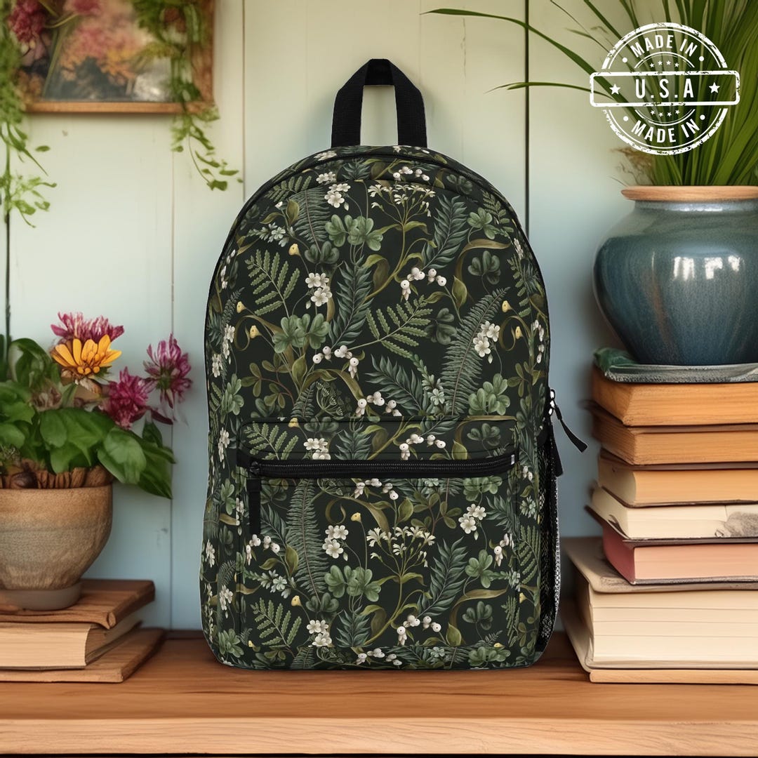 Dark Botanical Ferns & Clover Nature-inspired Forestcore School Bag ...