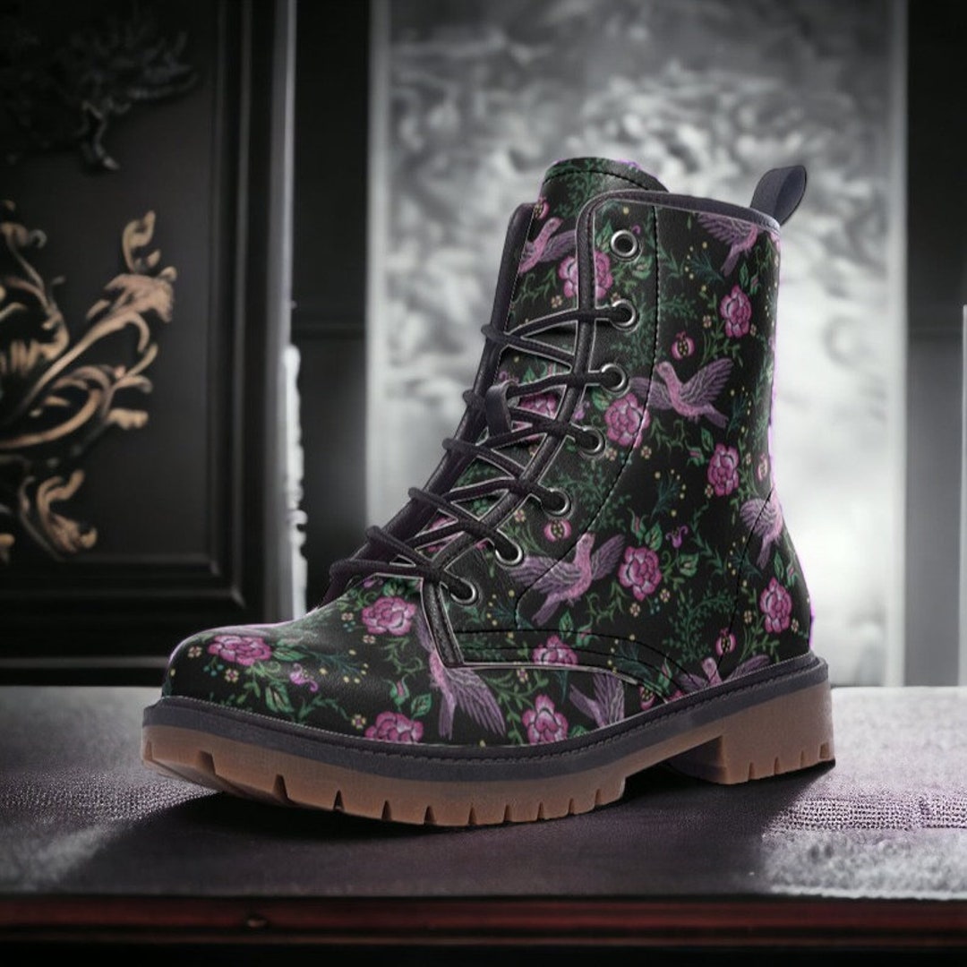 Violet Cottagecore Birds Boots, Boho Floral Vegan Leather Combat Boot ...