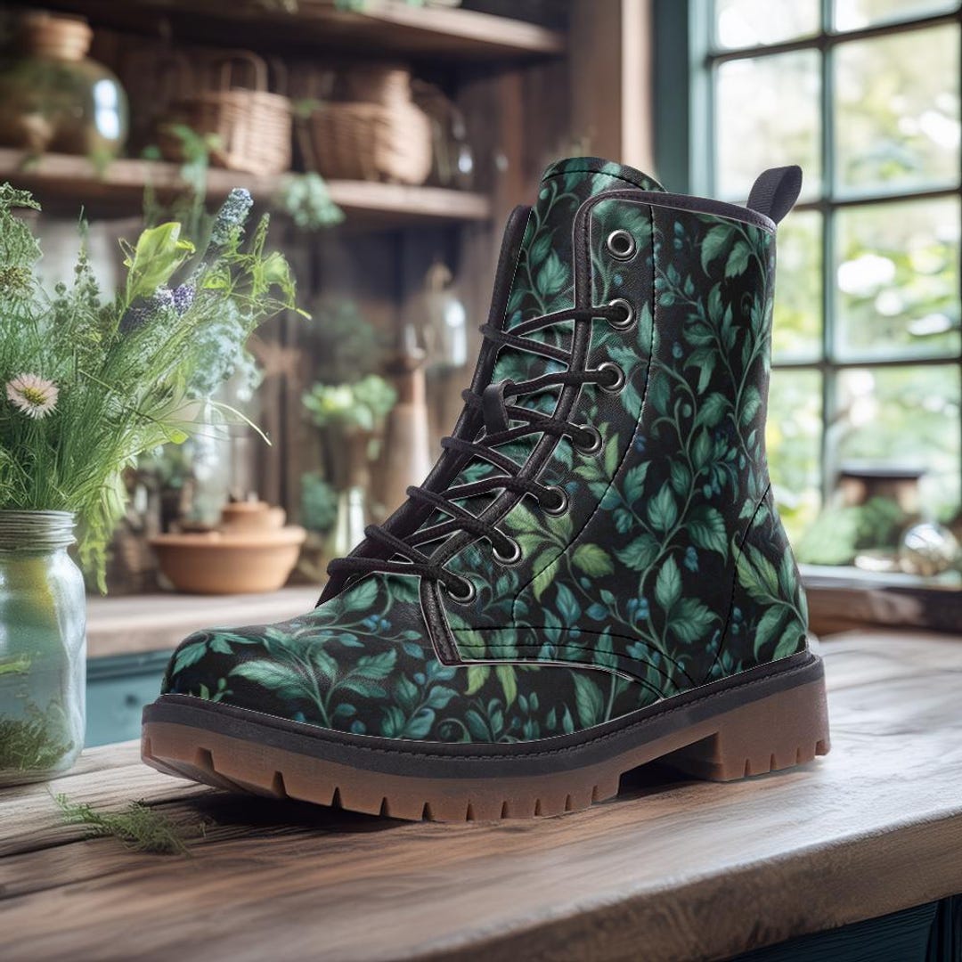 Deep Forest Vines Vegan Combat Boots, Dark Witchy Botanical Boots ...