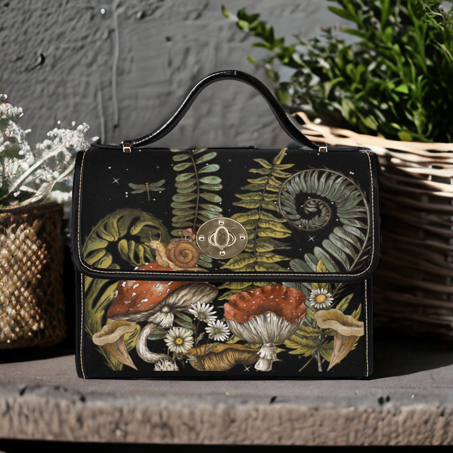 Boho Dark Forest Ferns Mushrooms Witchy Canvas Satchel, Boho Crossbody ...