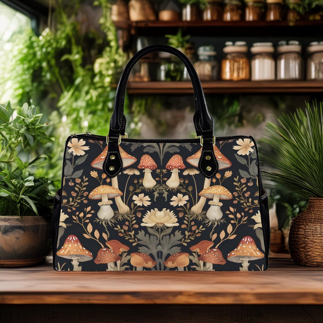Boho Forest Mushrooms and Floral Vegan Leather City Handbag, Dark ...