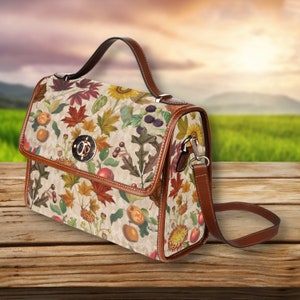 Autumn Cottagecore Boho Canvas Satchel Bag, Vintage Fall Leaves and ...