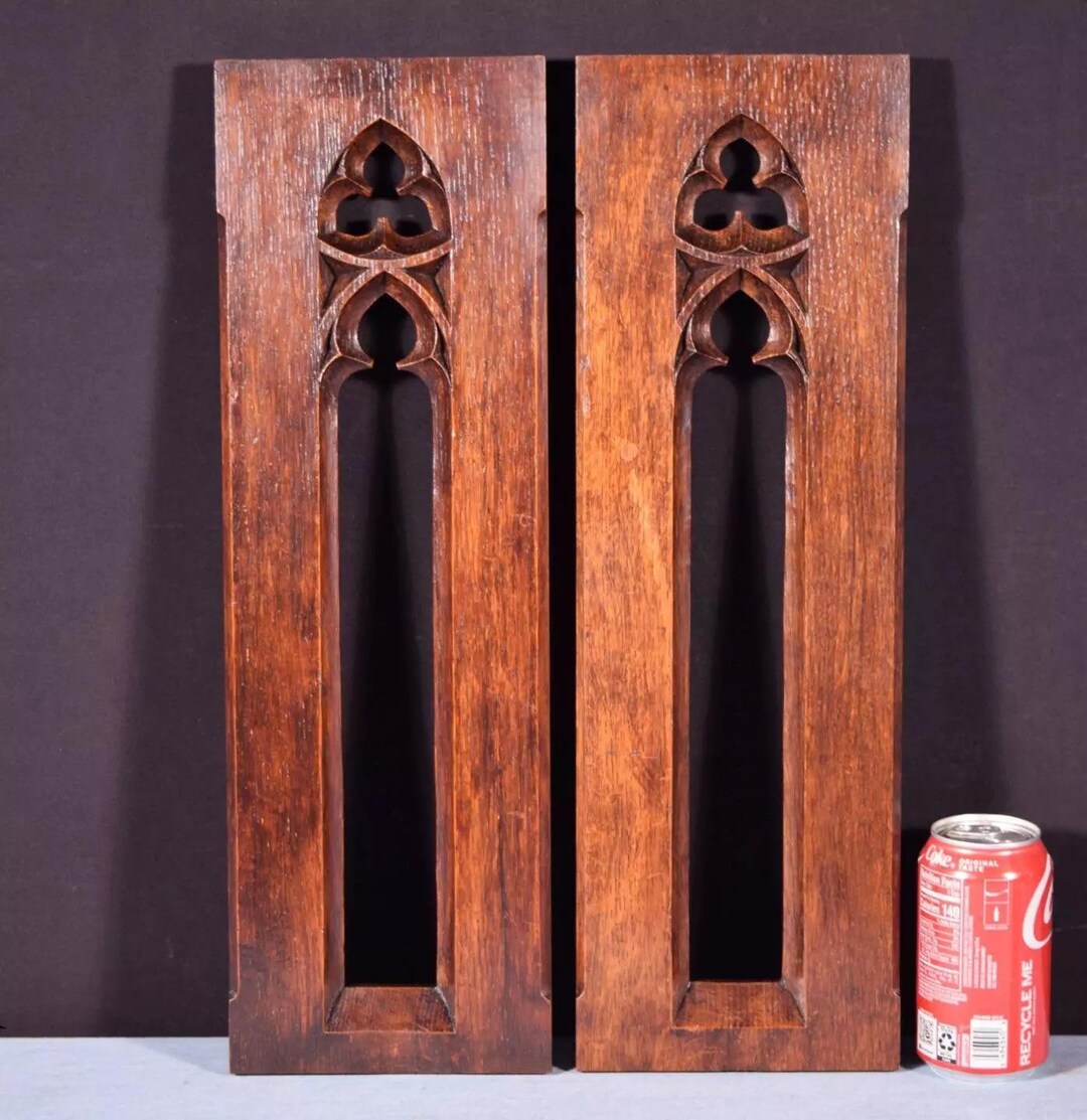 19" Tall Antique French Gothic Revival Panels in Solid Oak Wood With ...
