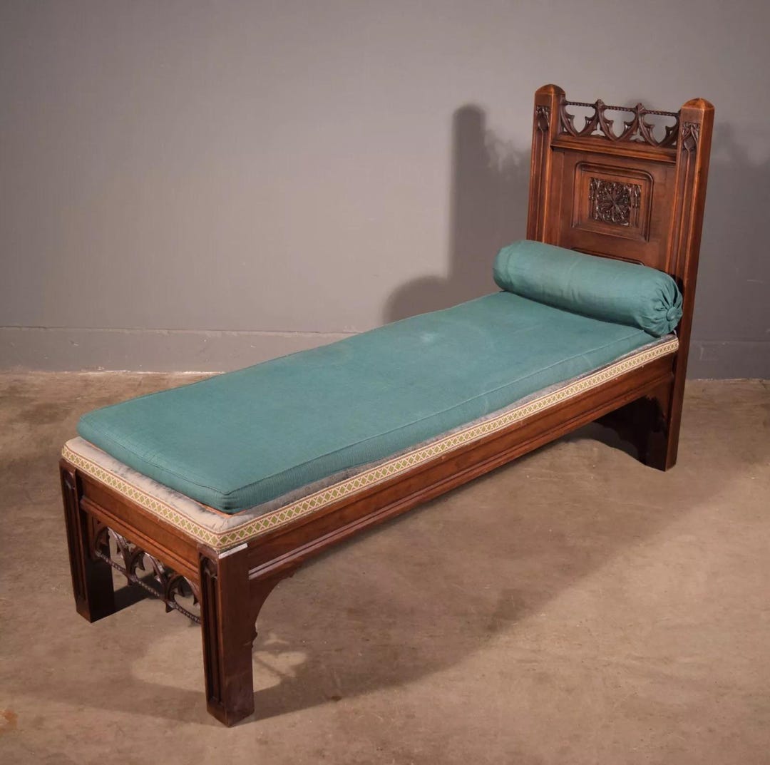 74" Long French Antique Neo Gothic Day Bed Solid Walnut With Green Silk ...