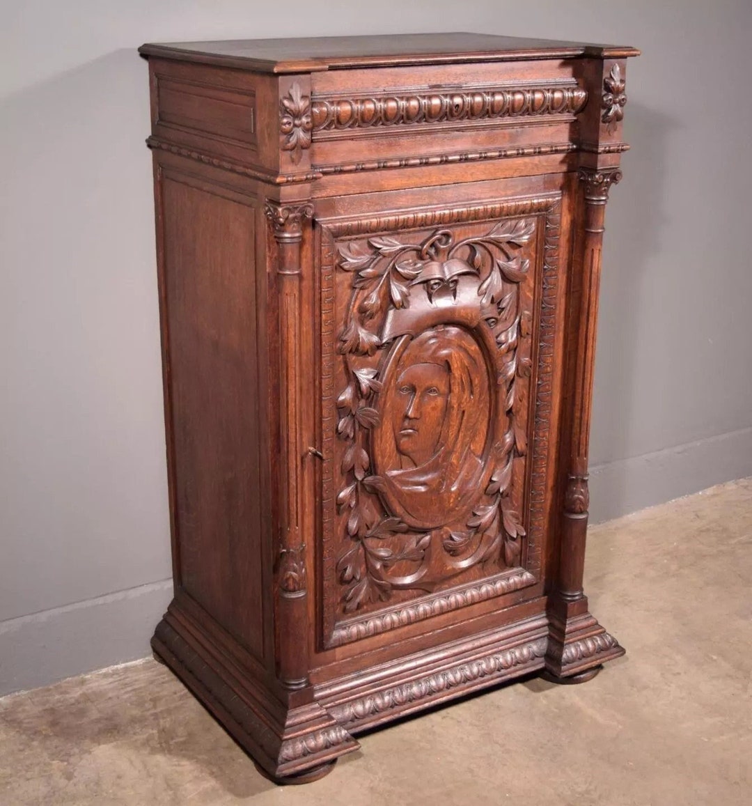 French Antique Solid Oak Wood Cabinet With Highly Carved Virgin Mary ...