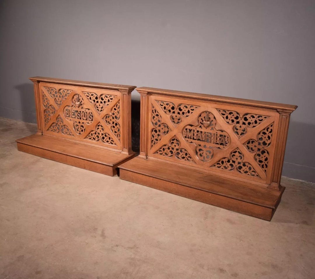 Pair of 59" Long Antique Gothic Revival Oak Wood Prayer Rails With ...