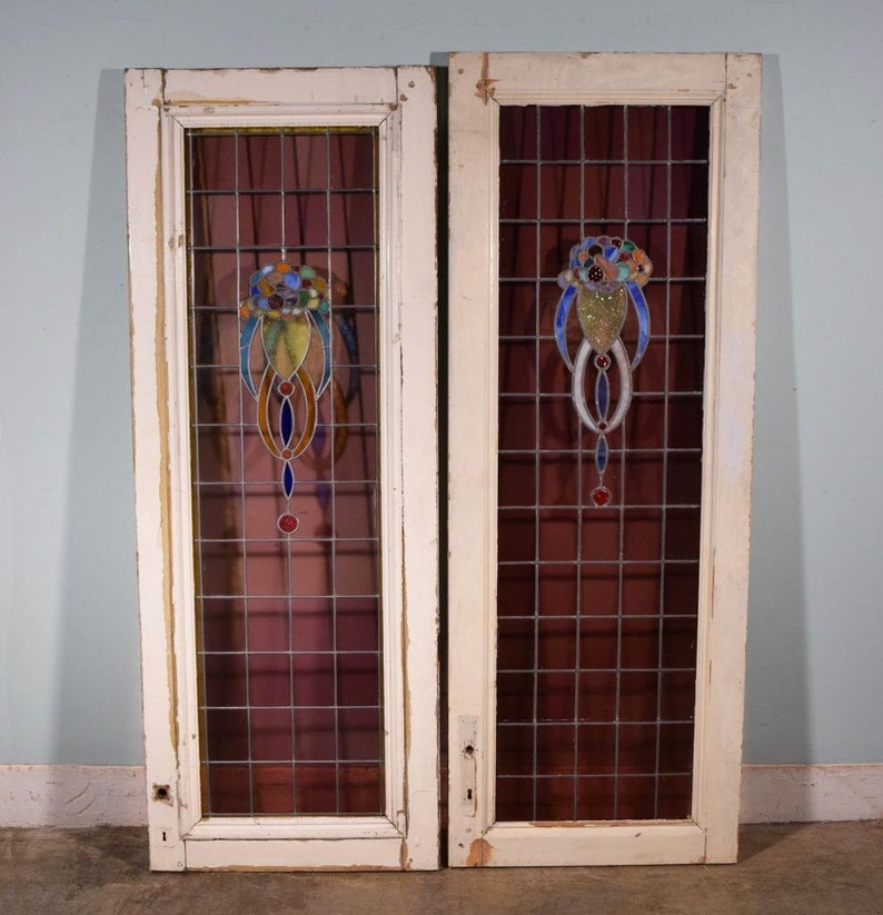Two Antique French Stained Glass Windows With Leaded Glass and - Etsy
