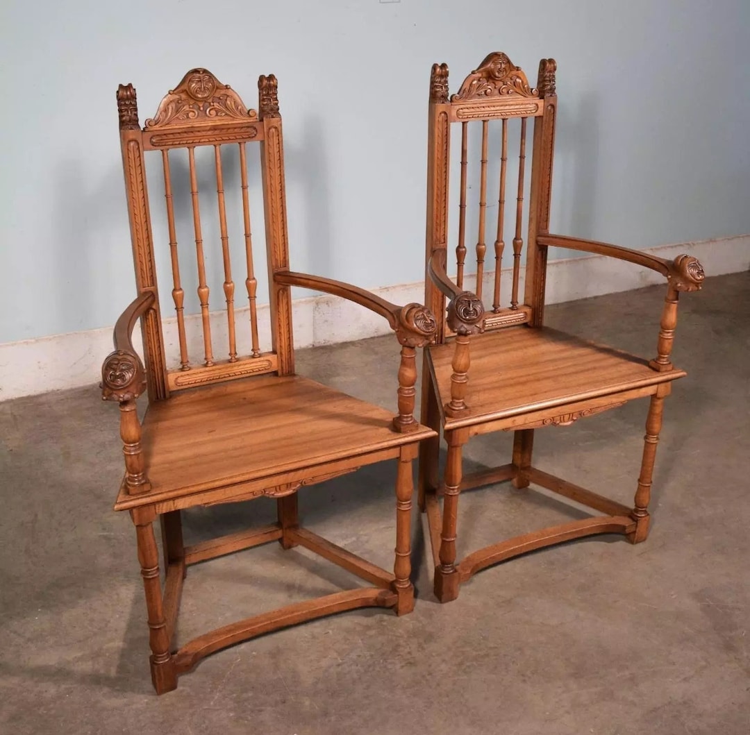 Pair of Antique Renaissance Revival Arm Chairs Solid Walnut Hand Carved ...