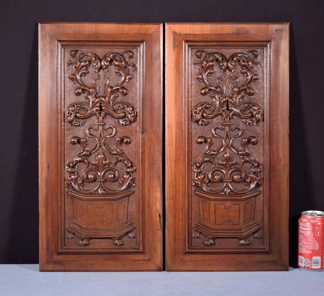 Pair of Antique French Solid Walnut Wood Highly Carved Panels With ...