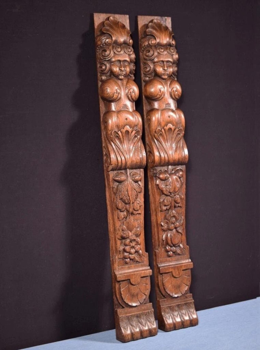 Pair of 28" Tall French Antique Solid Oak Wood Figures/trim Posts ...