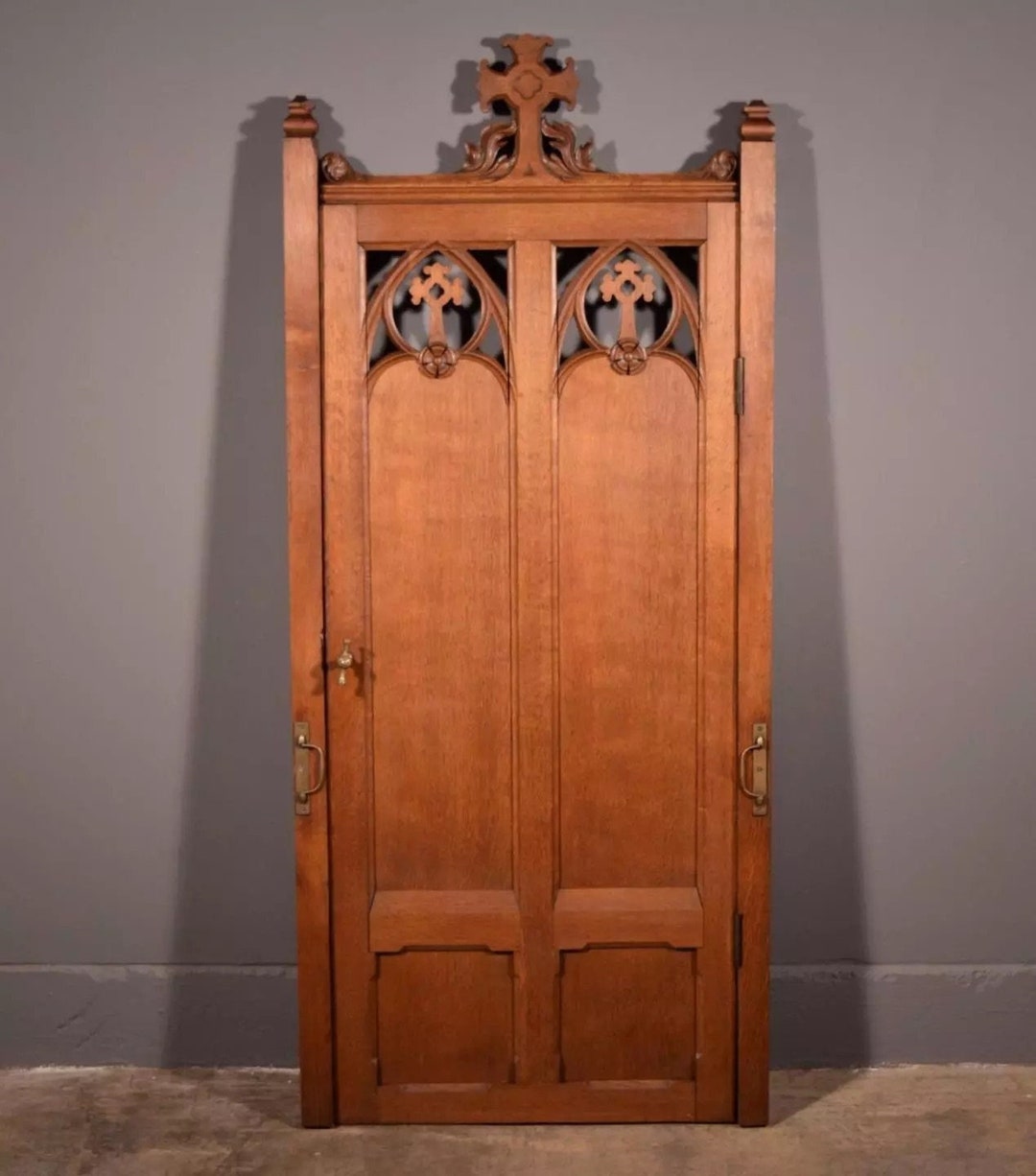 65" Tall Antique French Solid Oak Gothic Confessional Wood Door W/side ...