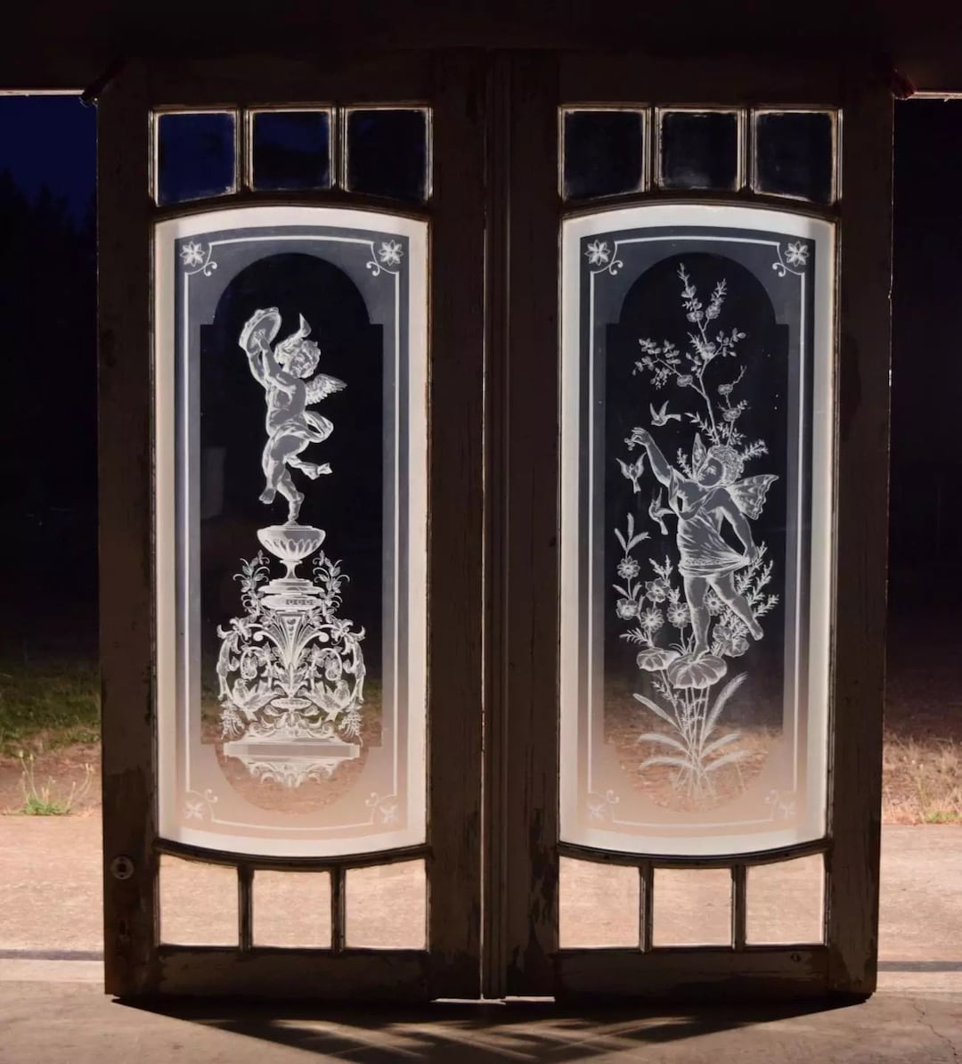 Pair of Antique French Etched Glass Windows Frosted Glass With Cherubs ...