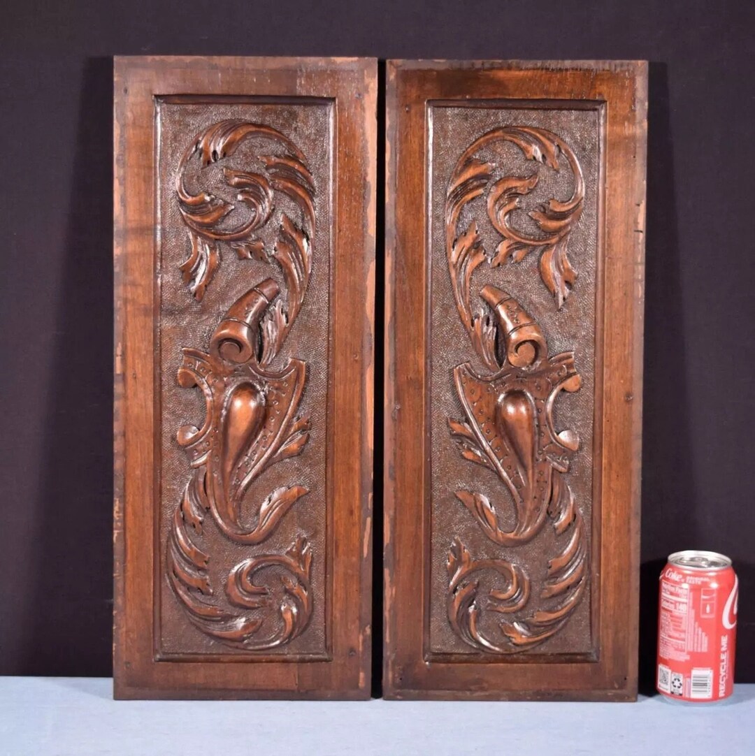 Pair of Antique French Solid Walnut Highly Carved Panels With Intricate ...