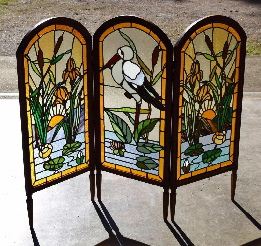 Antique French Art Nouveau Stained Glass Tri-fold Screen With Stork and ...