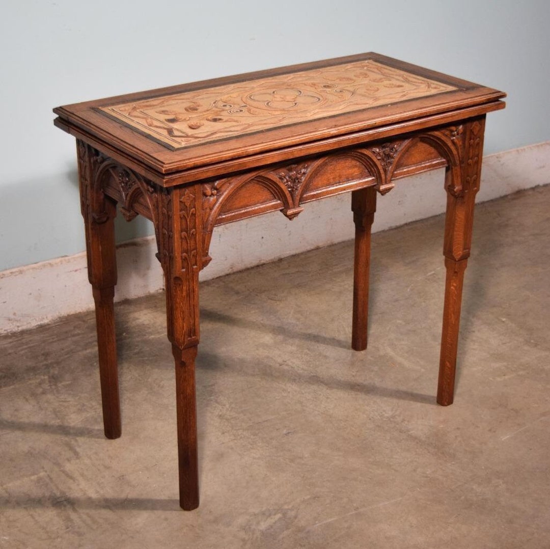 Antique Gothic French Solid Oak Game Table W/fabric Top and Felt Game ...