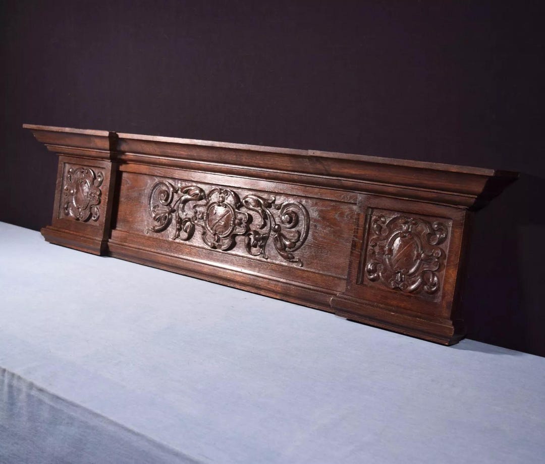 69" Wide Large Antique French Solid Oak Wood Panel/crest Pediment W ...