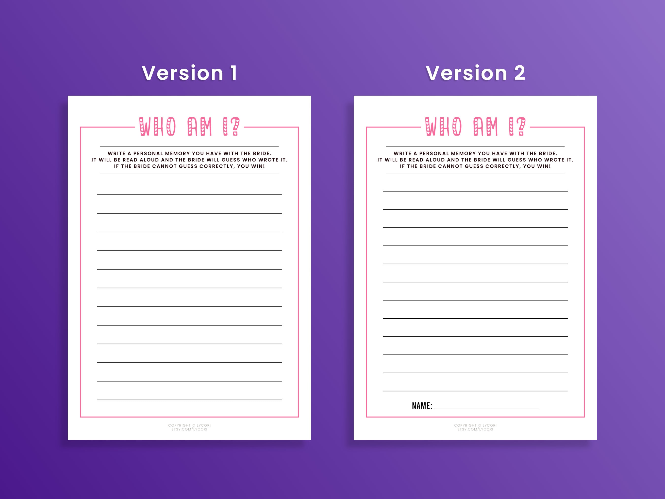 Who Am I Game, Bridal Shower Game, Bachelorette Party, Memory With the ...