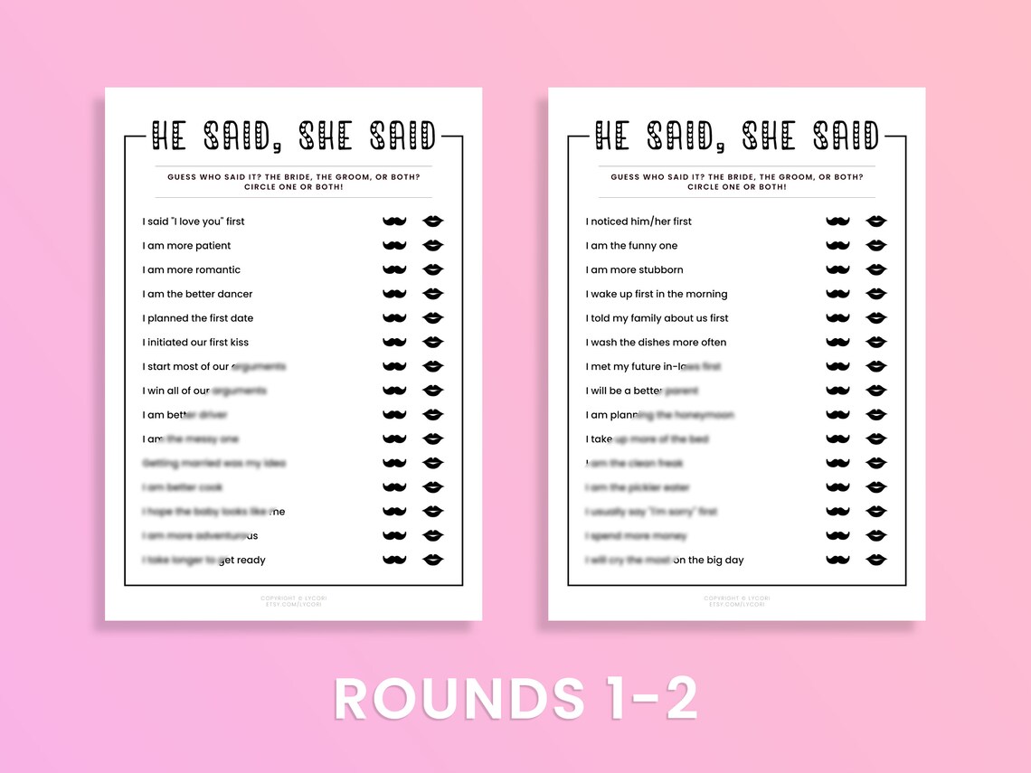 He Said She Said Game, Bridal Shower Game, Printable He Said She Said ...