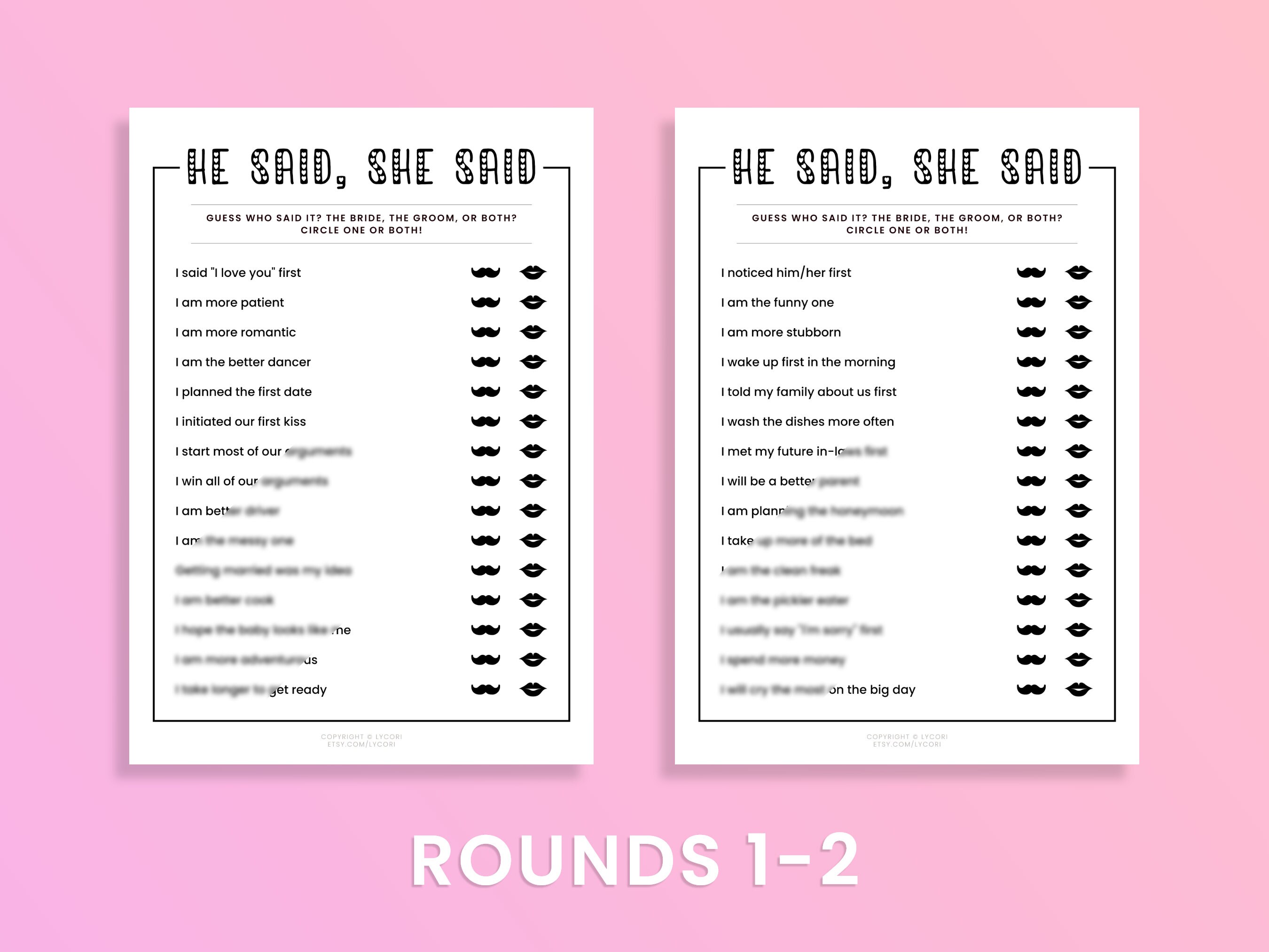 He Said She Said Game, Bridal Shower Game, Printable He Said She Said ...